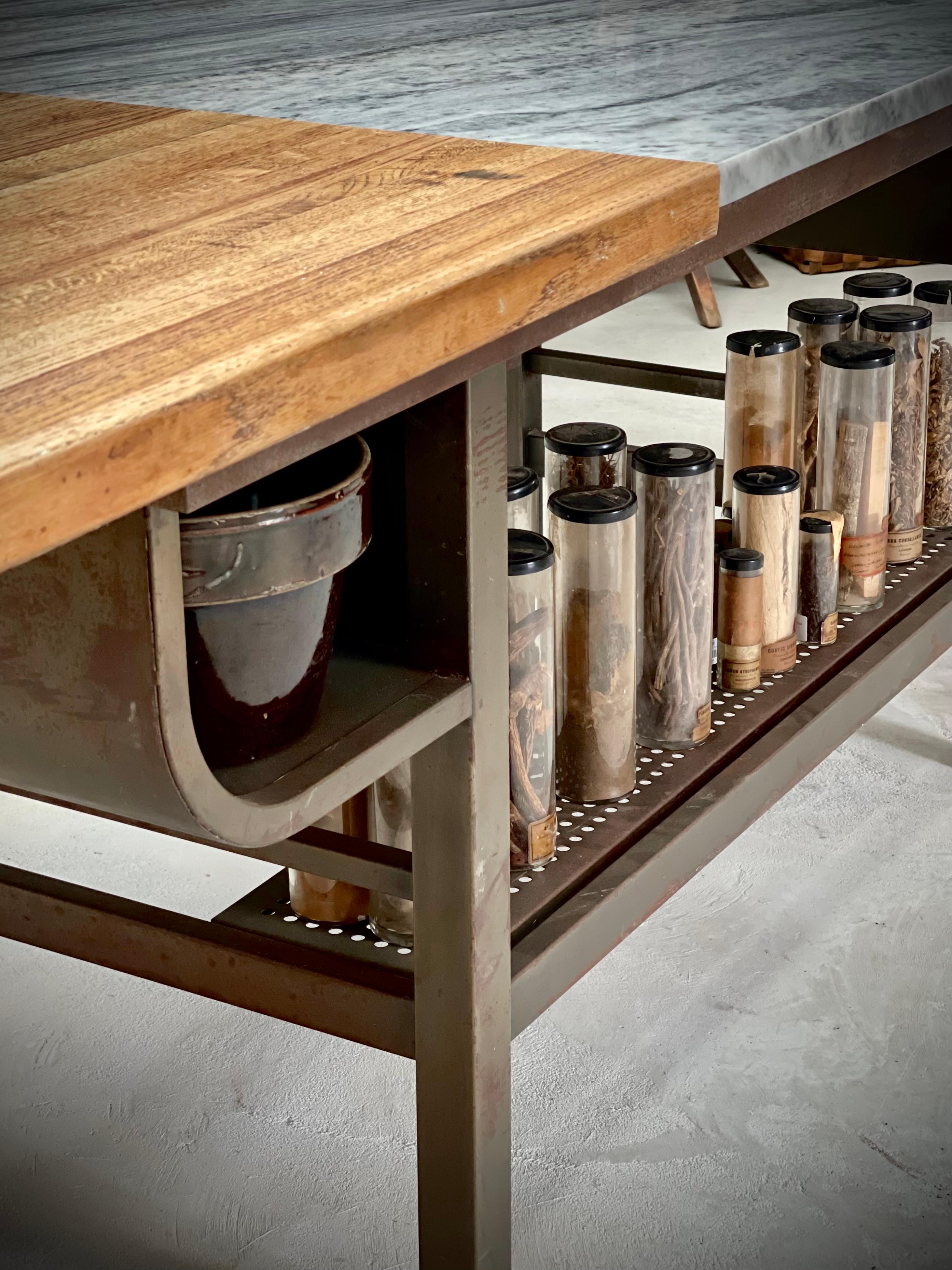 Industrial Mid Century Oak Butcher Block/Marble Island Work Table For ...