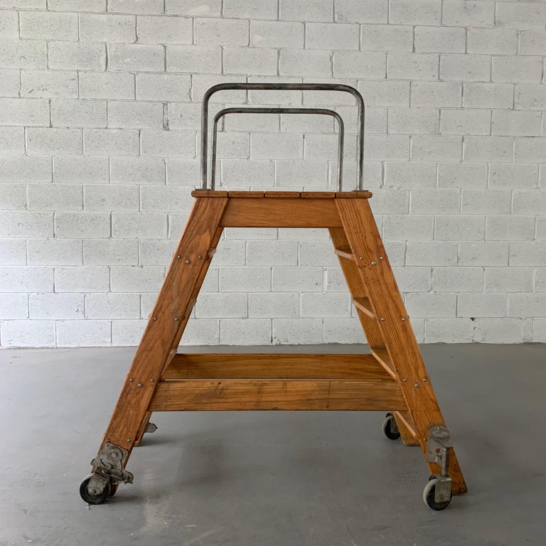Industrial Oak Rolling A Frame Ladder by Putnam at 1stDibs