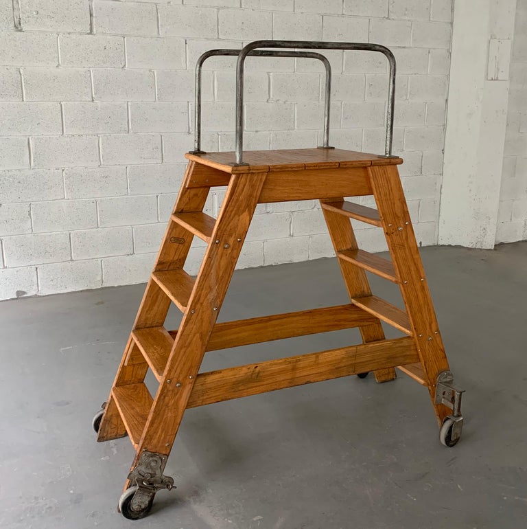 Industrial Oak Rolling A Frame Ladder by Putnam at 1stDibs