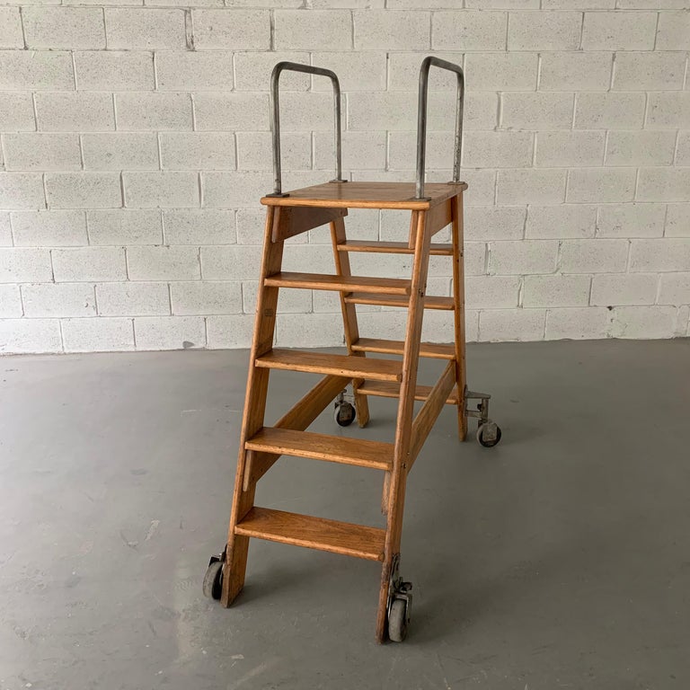 Industrial Oak Rolling A Frame Ladder by Putnam at 1stDibs