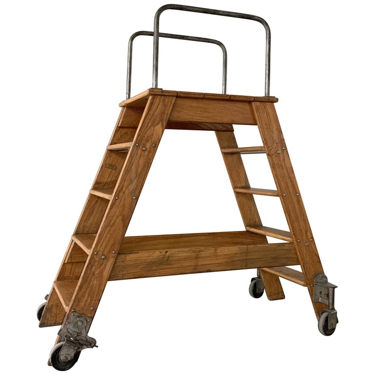 Industrial Oak Rolling A Frame Ladder by Putnam at 1stDibs
