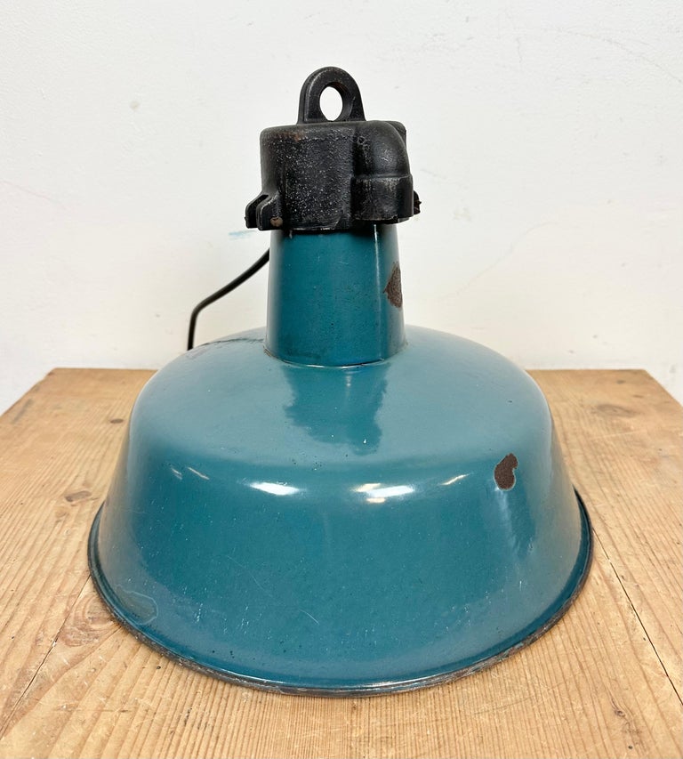 Industrial Petrol Enamel Factory Lamp with Cast Iron Top, 1960s For ...