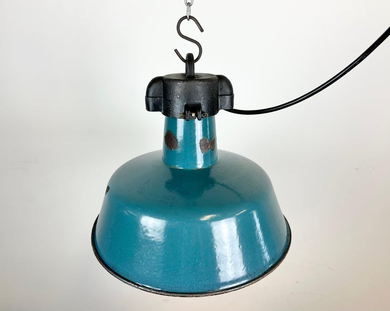 Industrial Petrol Enamel Factory Lamp with Cast Iron Top, 1960s For ...