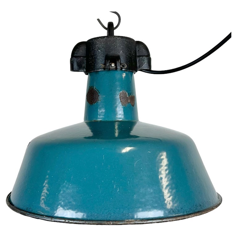 Industrial Petrol Enamel Factory Lamp with Cast Iron Top, 1960s For ...