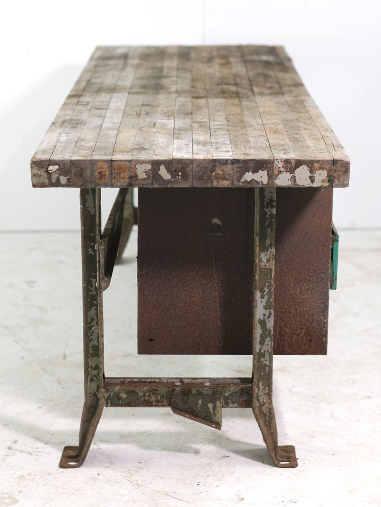 Industrial Pine Top Work Table with Steel Base + 6 Drawers For Sale at ...
