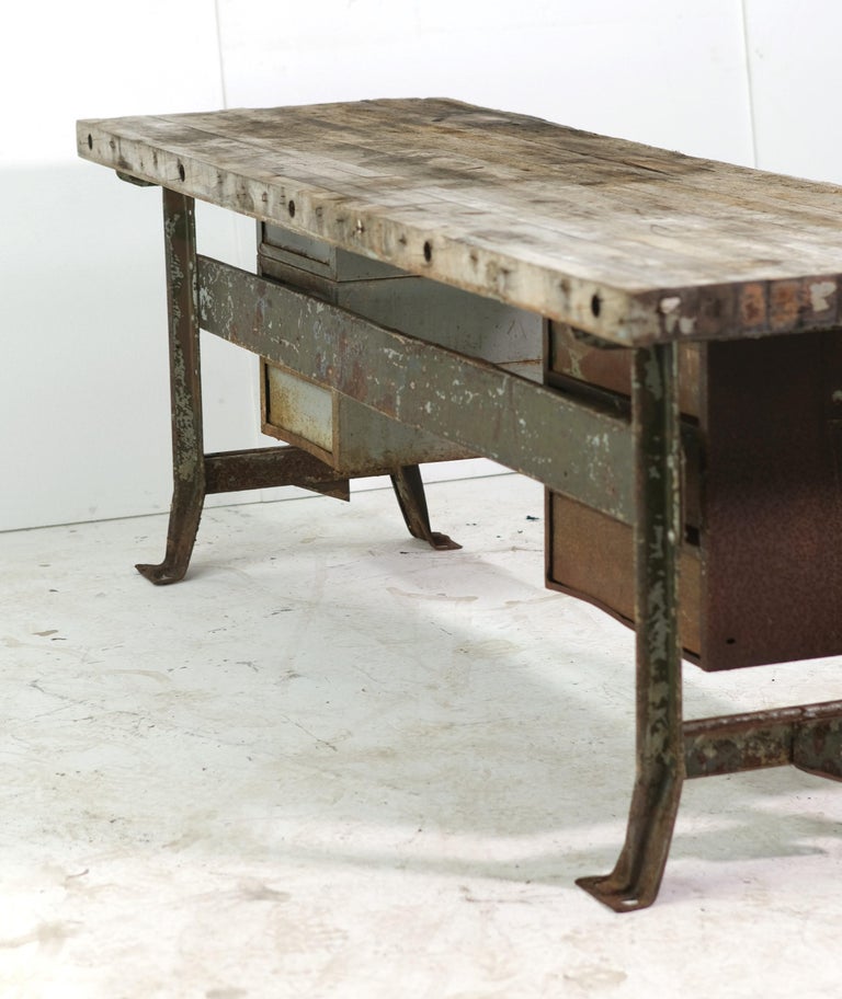 Industrial Pine Top Work Table with Steel Base + 6 Drawers For Sale at 1stDibs