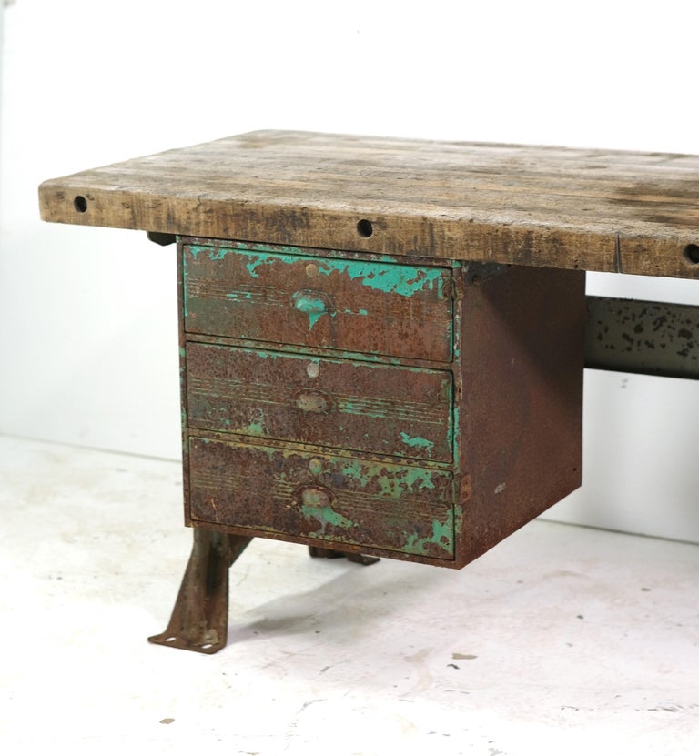 Industrial Pine Top Work Table with Steel Base + 6 Drawers For Sale at 1stDibs