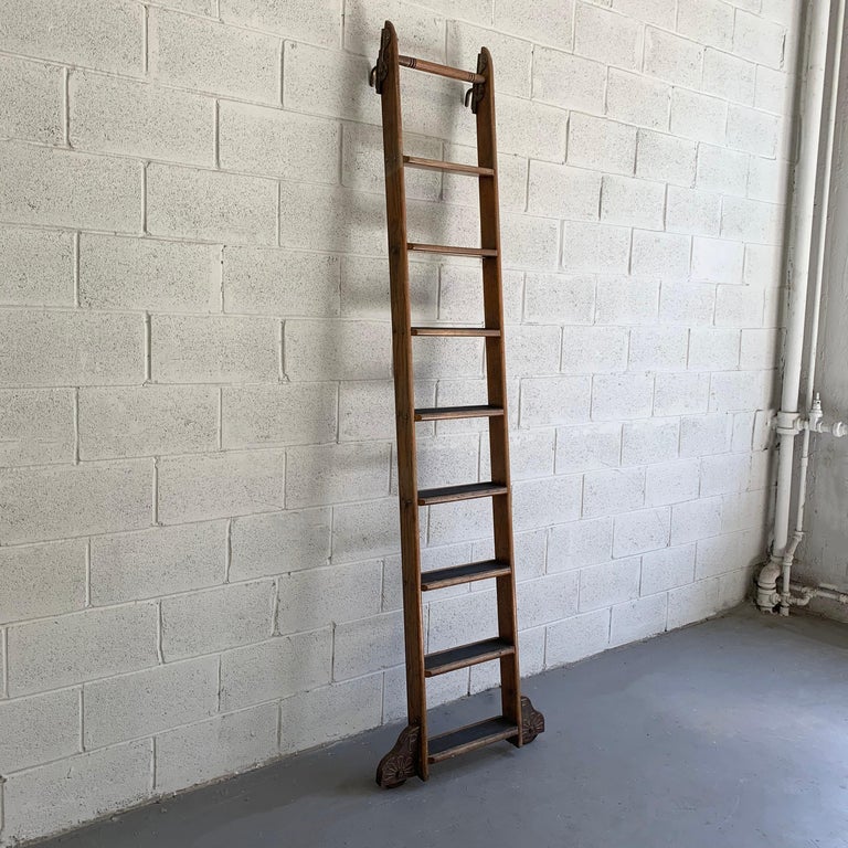 Industrial Rolling Oak Library Ladder by Putnam at 1stDibs