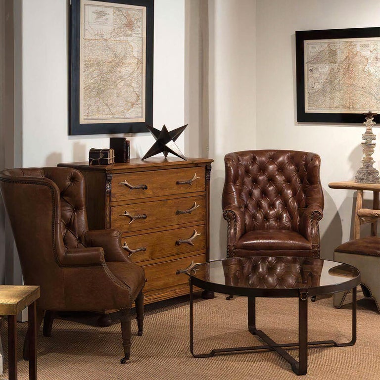 Industrial Round Leather End Table For Sale at 1stDibs