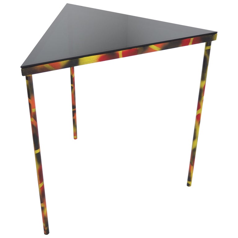Industrial Smoked Glass and Steel Triangle Corner/ Side Table, 1990s ...