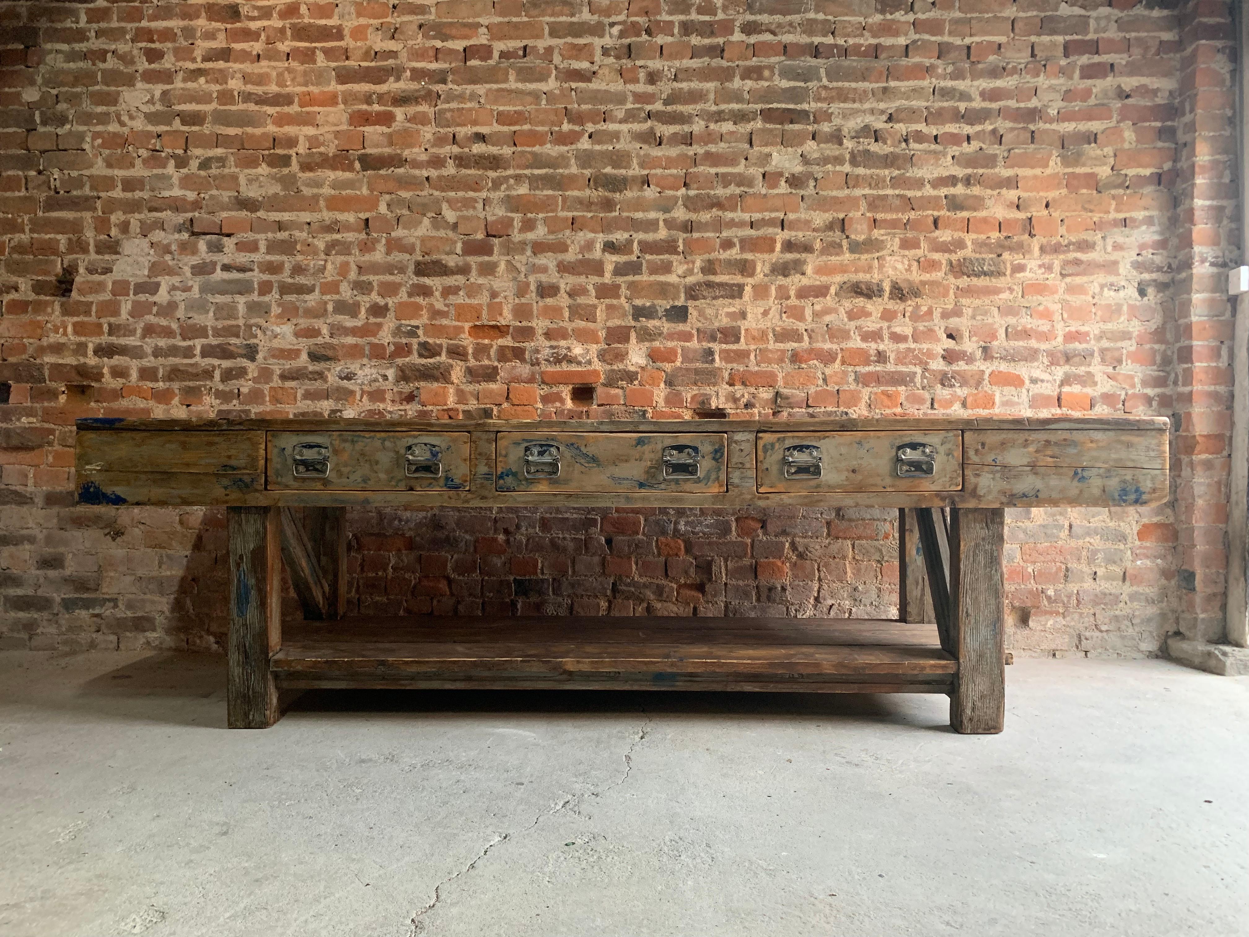 Industrial Table Oak and Pine Work Bench Sideboard Distressed Loft Style Antique at 1stDibs ...