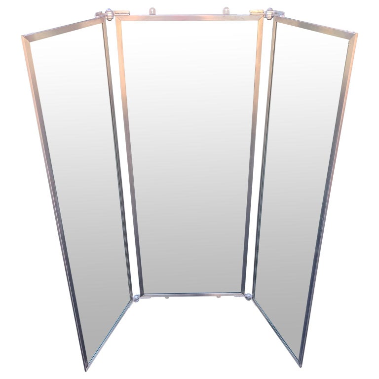 Industrial Three-Panel Mirror and Metal Folding Screen at 1stDibs