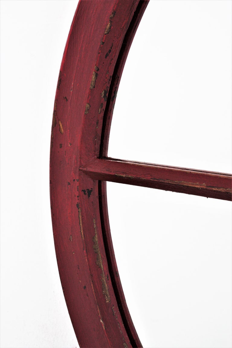 Round Wall Mirror with Industrial Wooden Window Frame For Sale at 1stDibs