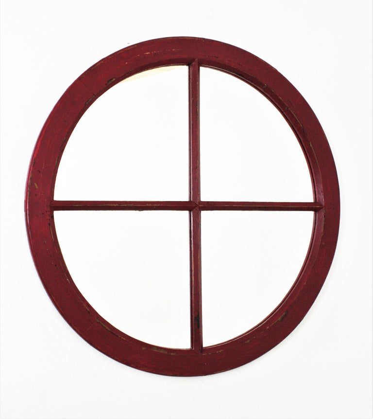 Round Wall Mirror with Industrial Wooden Window Frame For Sale at 1stDibs