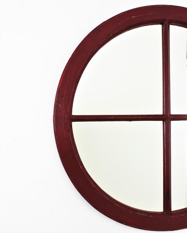 Round Wall Mirror with Industrial Wooden Window Frame For Sale at 1stDibs