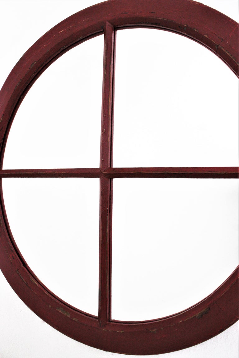 Round Wall Mirror with Industrial Wooden Window Frame For Sale at 1stDibs
