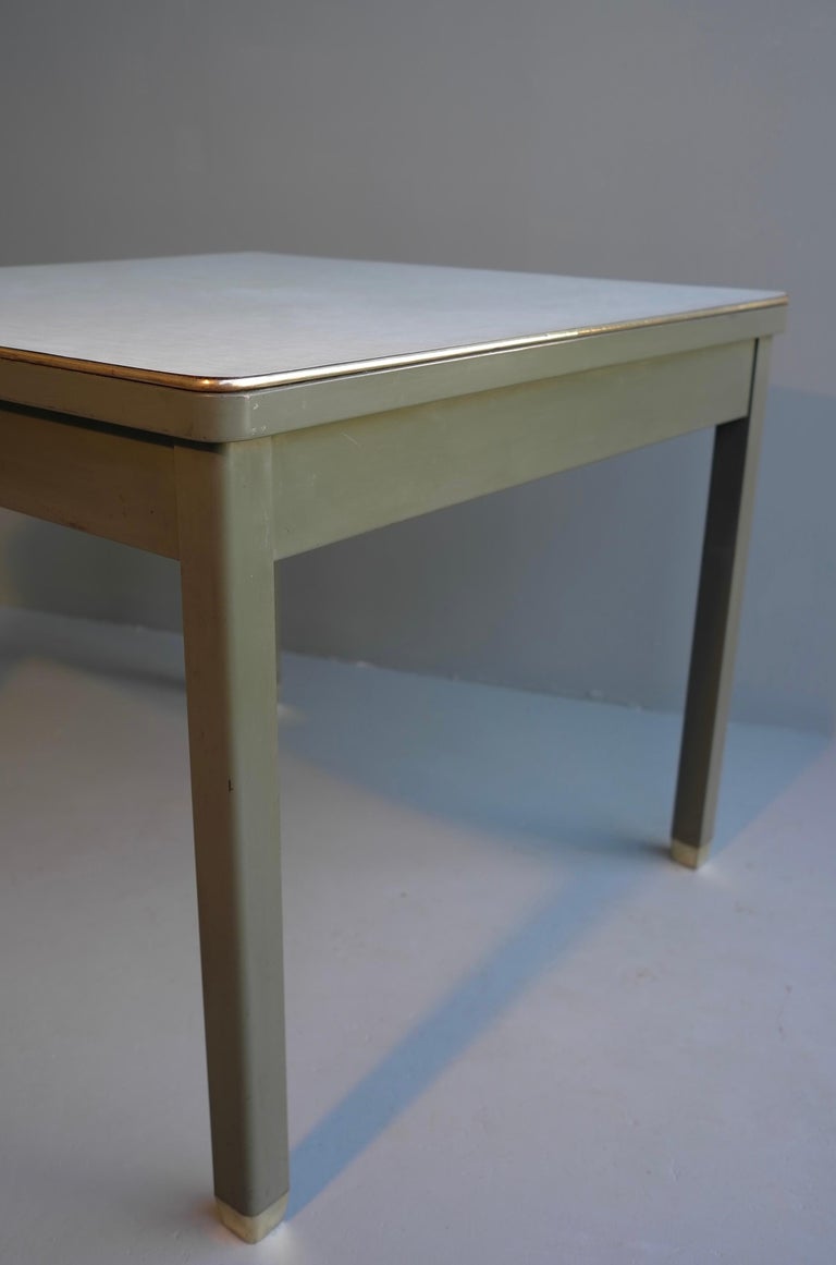 4x Industrial Work Table in Green Metal with Brass Feet and Rim ...