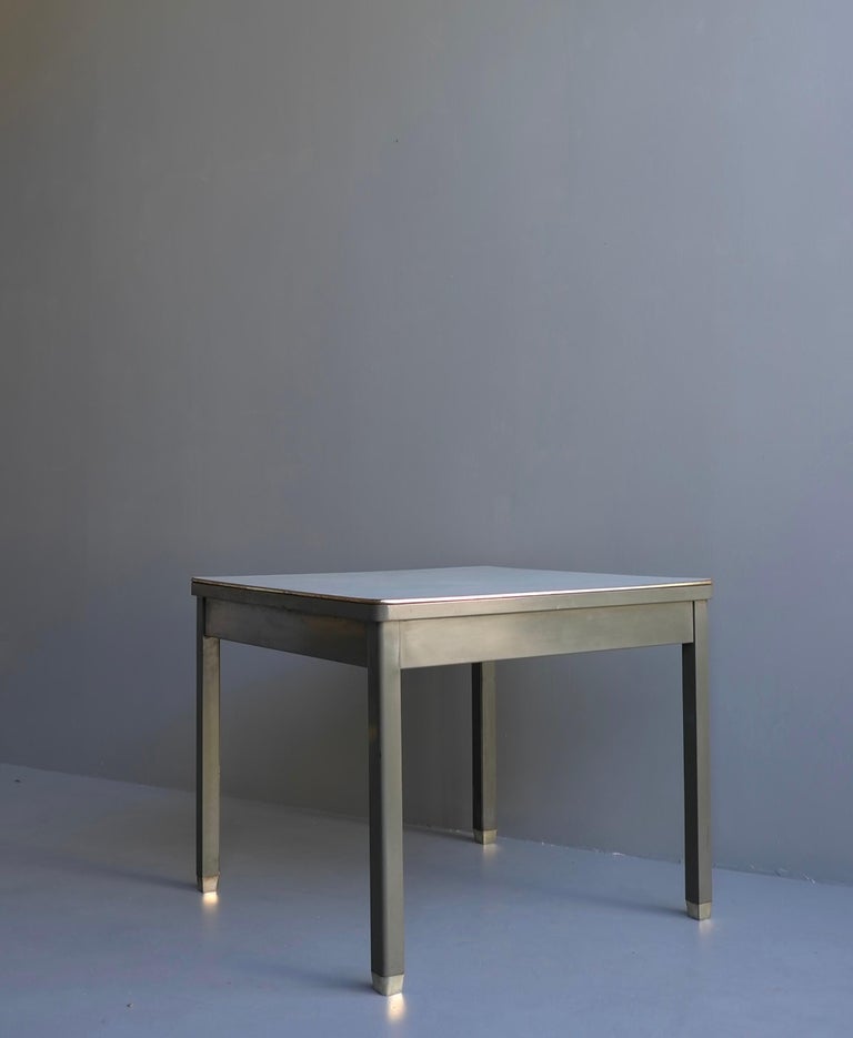 4x Industrial Work Table in Green Metal with Brass Feet and Rim ...