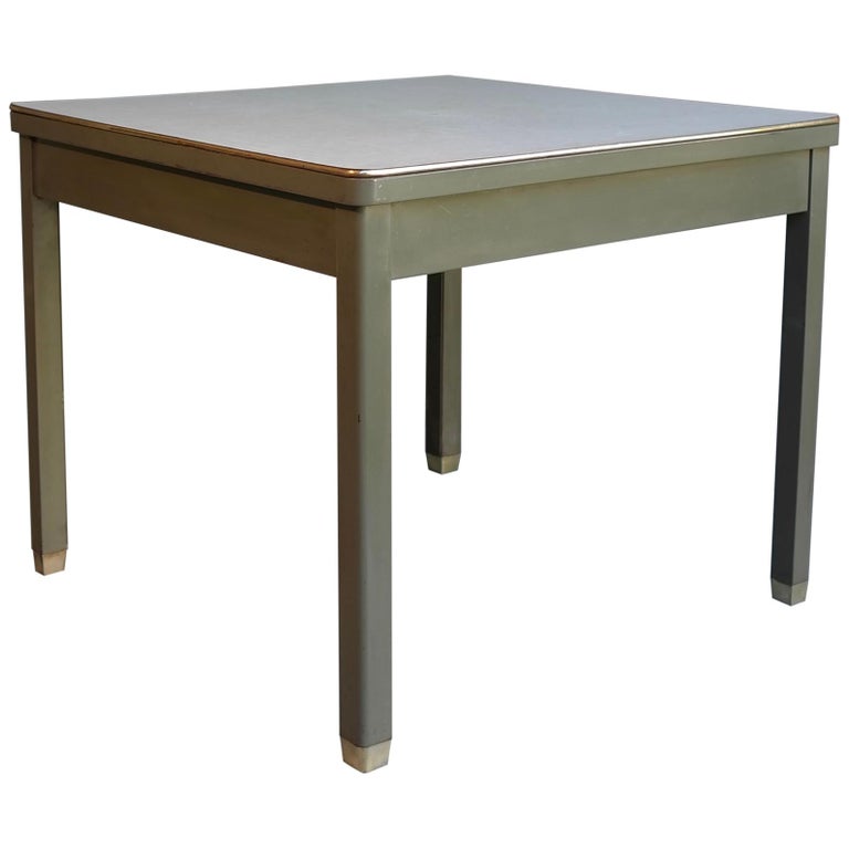 4x Industrial Work Table in Green Metal with Brass Feet and Rim ...