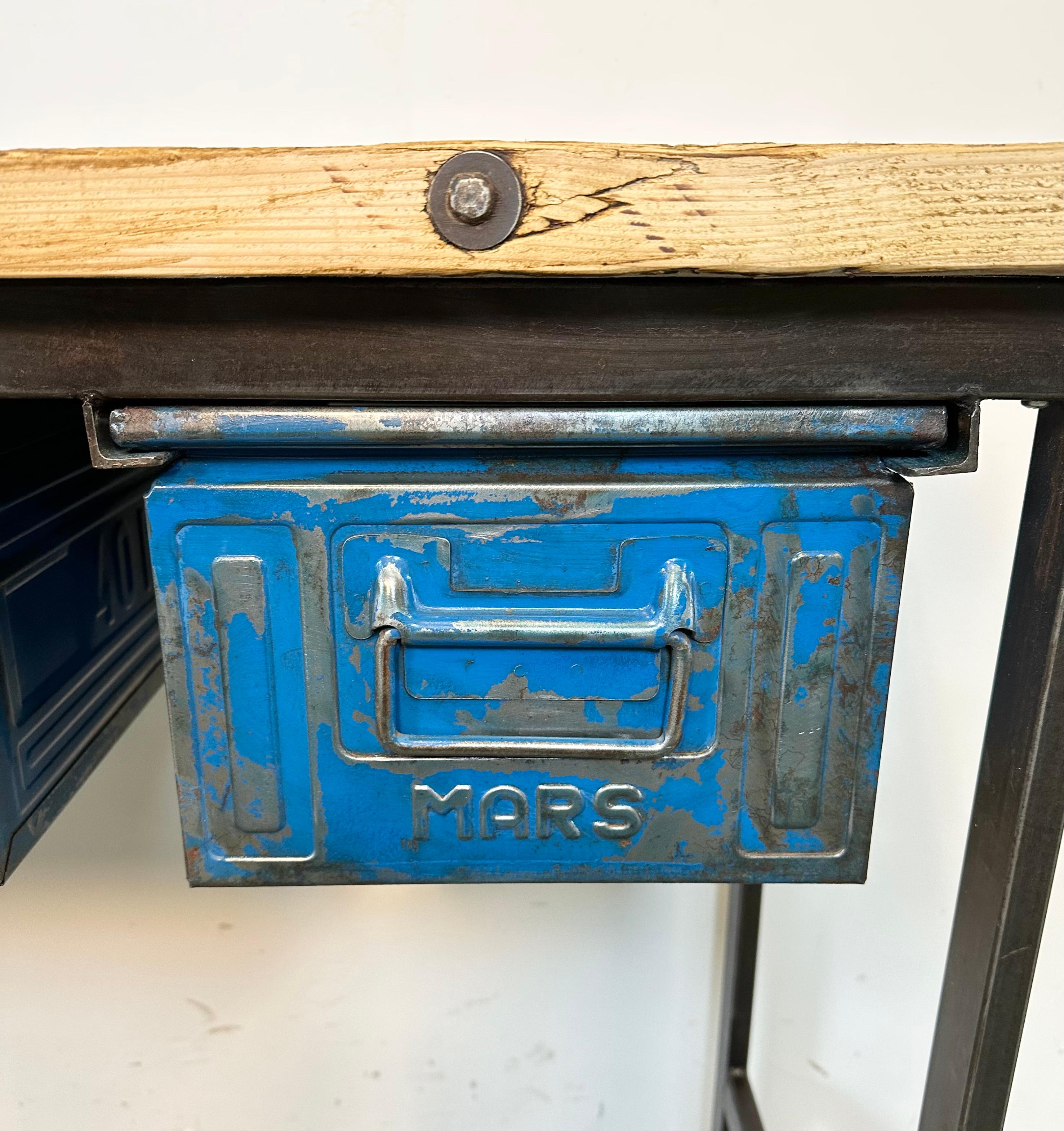 Industrial Worktable with Three Iron Drawers, 1960s For Sale at 1stDibs