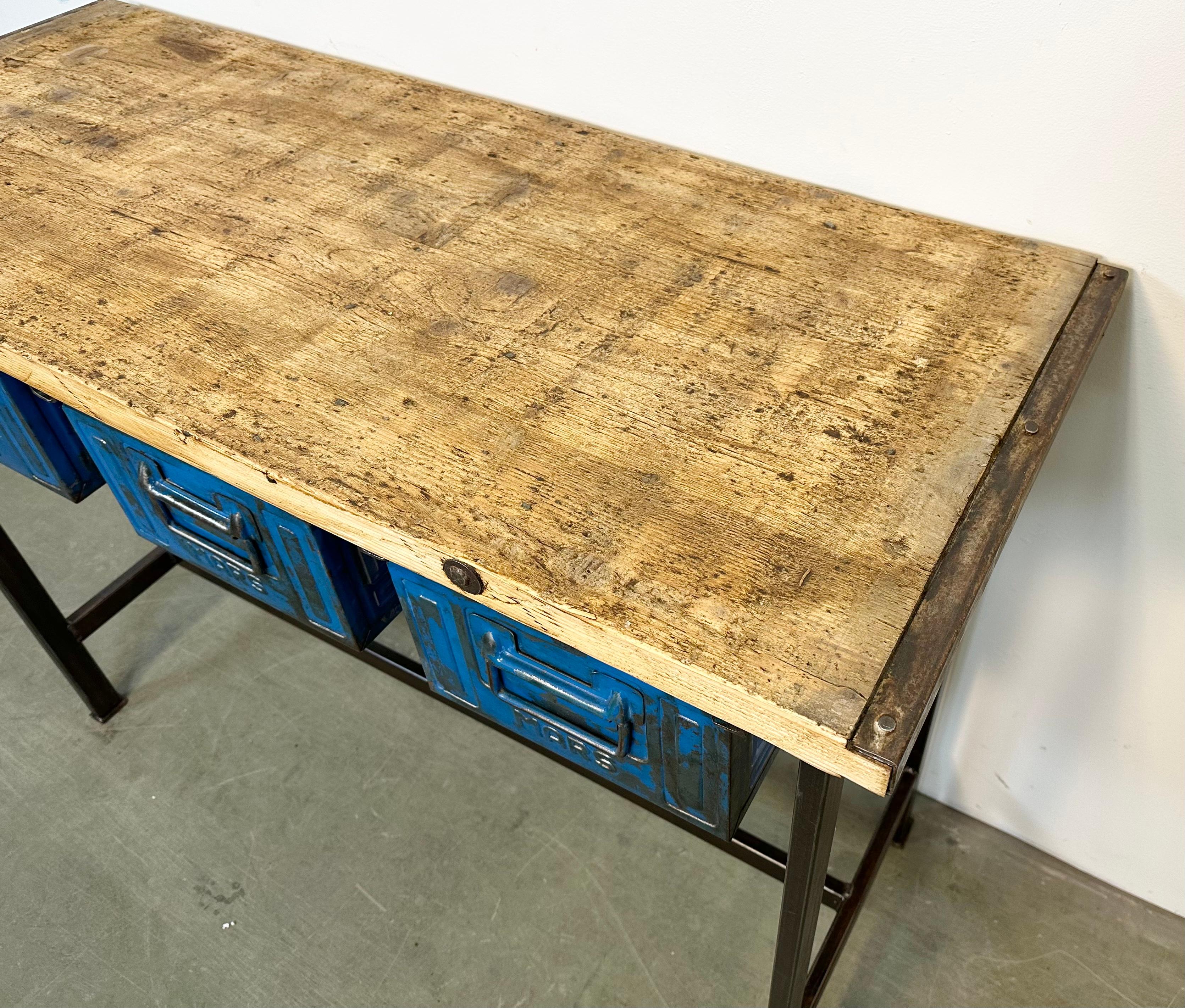 Industrial Worktable with Three Iron Drawers, 1960s For Sale at 1stDibs