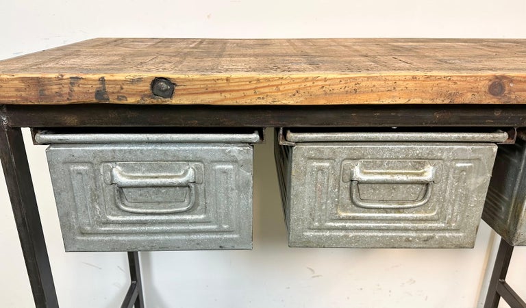 Industrial Worktable with Three Iron Drawers, 1960s For Sale at 1stDibs