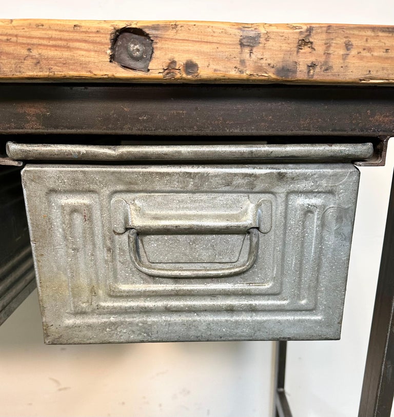 Industrial Worktable with Three Iron Drawers, 1960s For Sale at 1stDibs