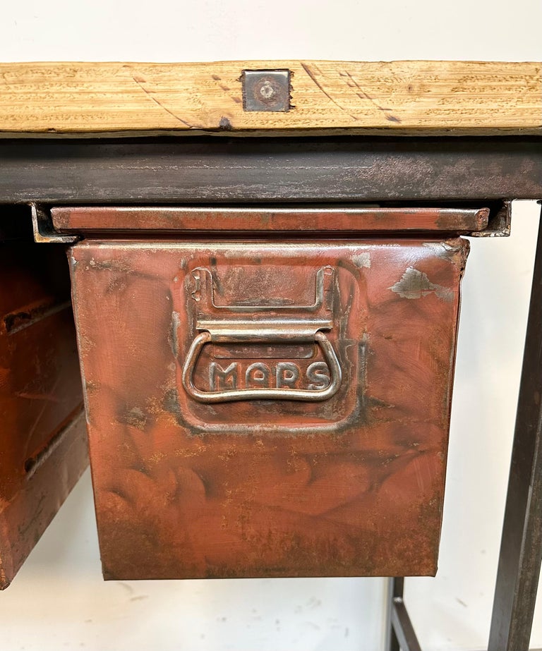 Industrial Worktable with Three Iron Drawers, 1960s For Sale at 1stDibs
