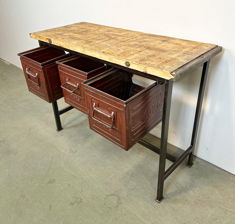 Industrial Worktable with Three Iron Drawers, 1960s For Sale at 1stDibs