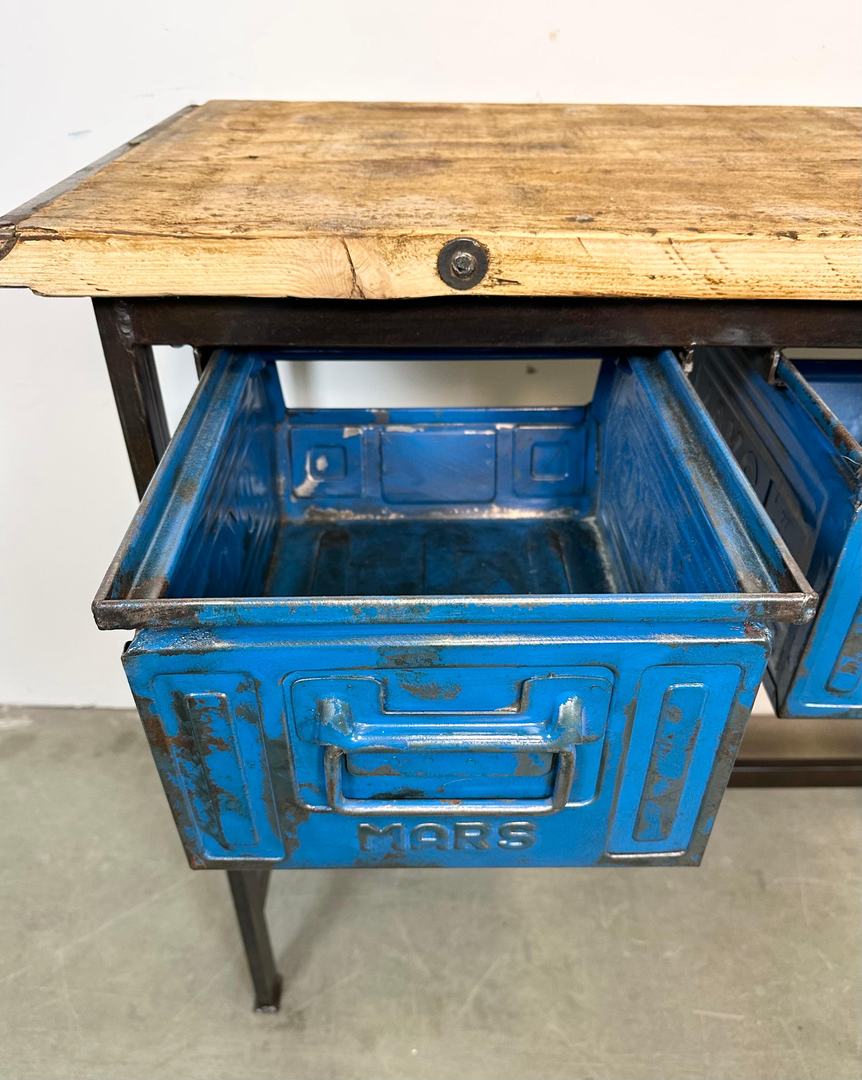 Industrial Worktable with Three Iron Drawers, 1960s For Sale at 1stDibs