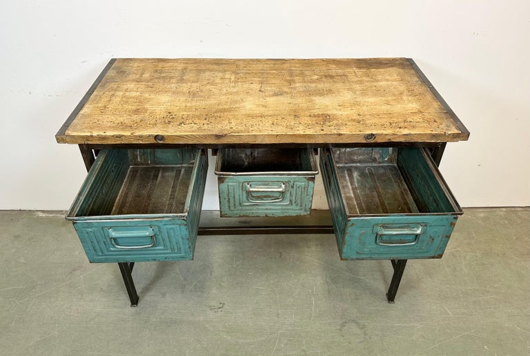 Industrial Worktable with Three Iron Drawers, 1960s For Sale at 1stDibs