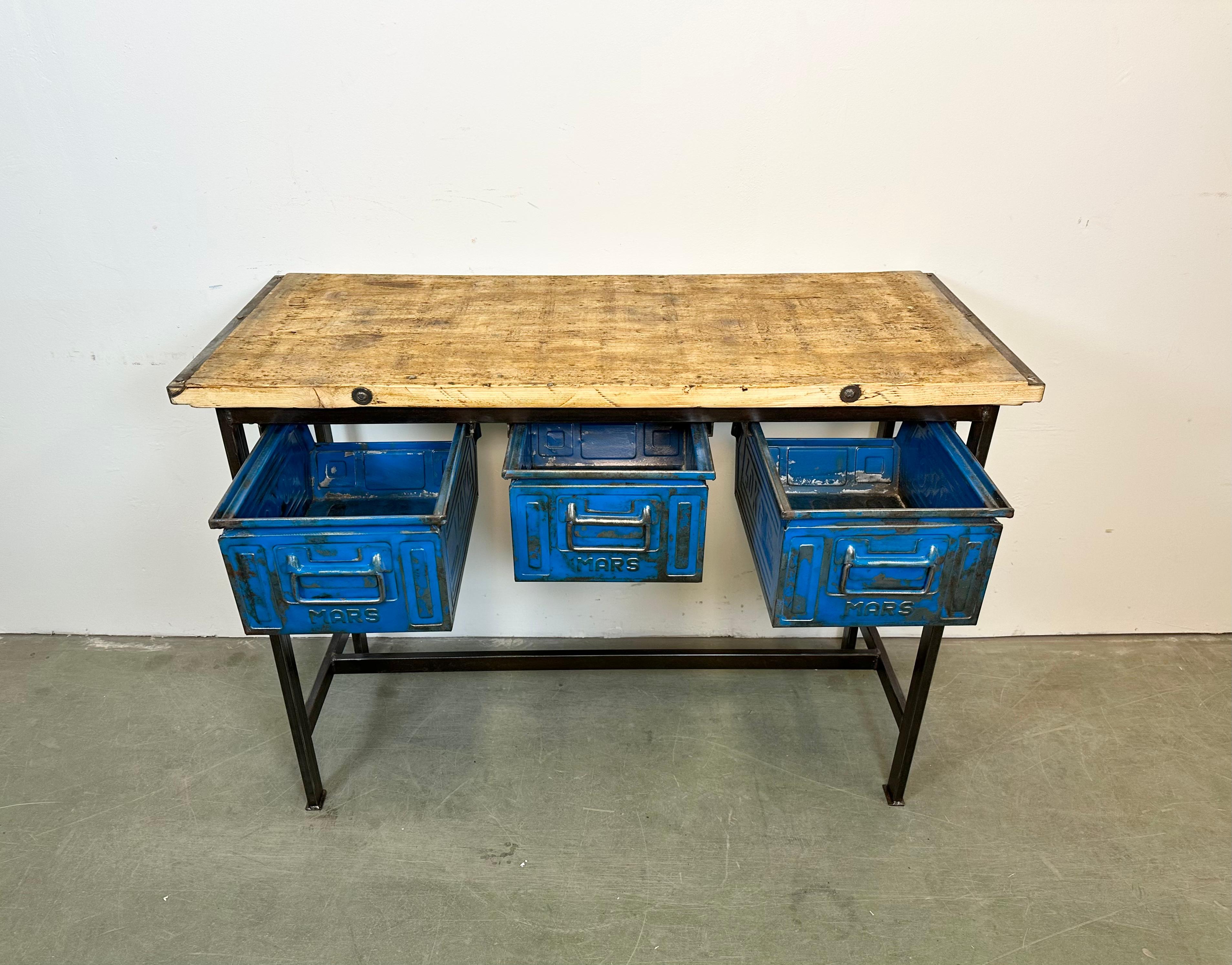 Industrial Worktable with Three Iron Drawers, 1960s For Sale at 1stDibs