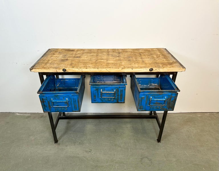 Industrial Worktable with Three Iron Drawers, 1960s For Sale at 1stDibs