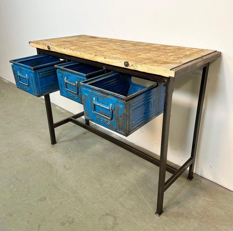 Industrial Worktable with Three Iron Drawers, 1960s For Sale at 1stDibs