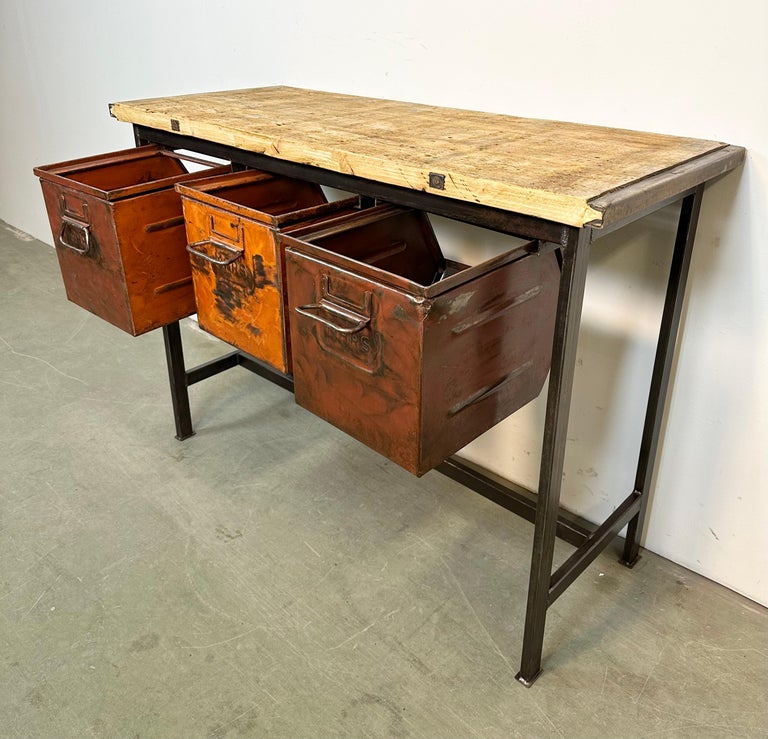 Industrial Worktable with Three Iron Drawers, 1960s For Sale at 1stDibs
