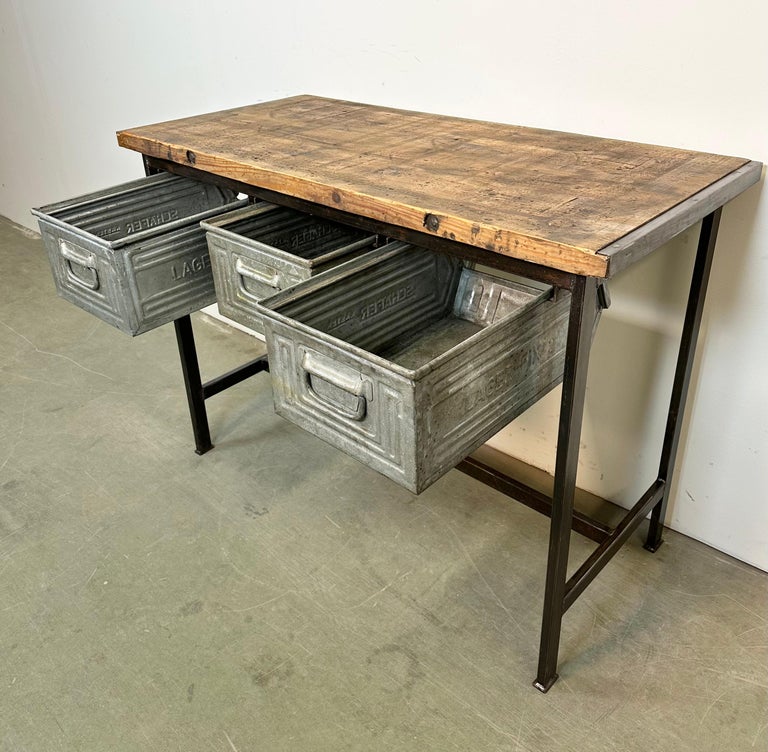 Industrial Worktable with Three Iron Drawers, 1960s For Sale at 1stDibs