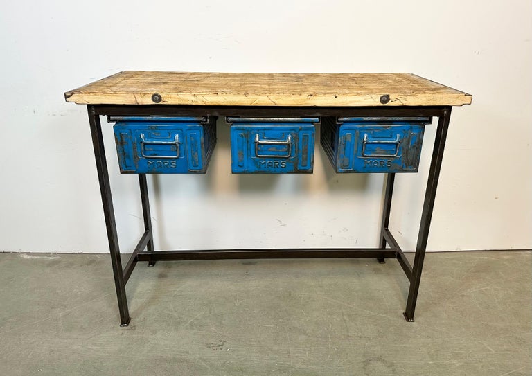 Industrial Worktable with Three Iron Drawers, 1960s For Sale at 1stDibs