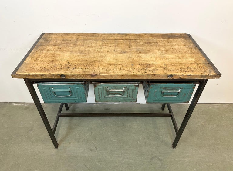 Industrial Worktable with Three Iron Drawers, 1960s For Sale at 1stDibs
