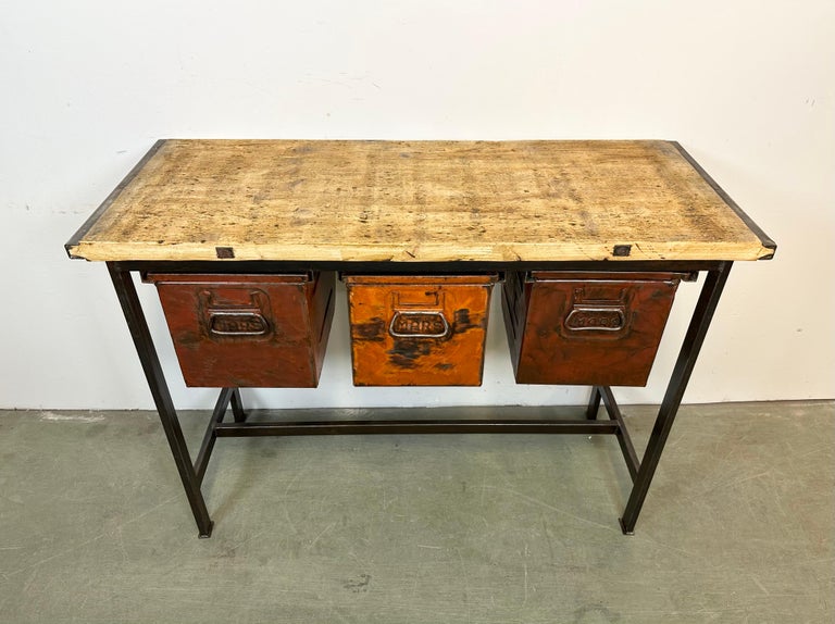 Industrial Worktable with Three Iron Drawers, 1960s For Sale at 1stDibs