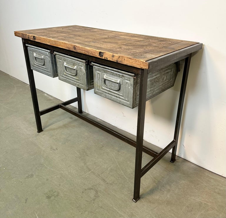 Industrial Worktable with Three Iron Drawers, 1960s For Sale at 1stDibs