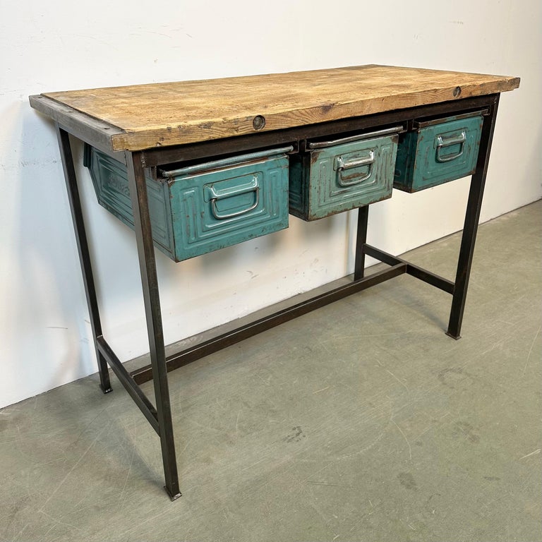 Industrial Worktable with Three Iron Drawers, 1960s For Sale at 1stDibs