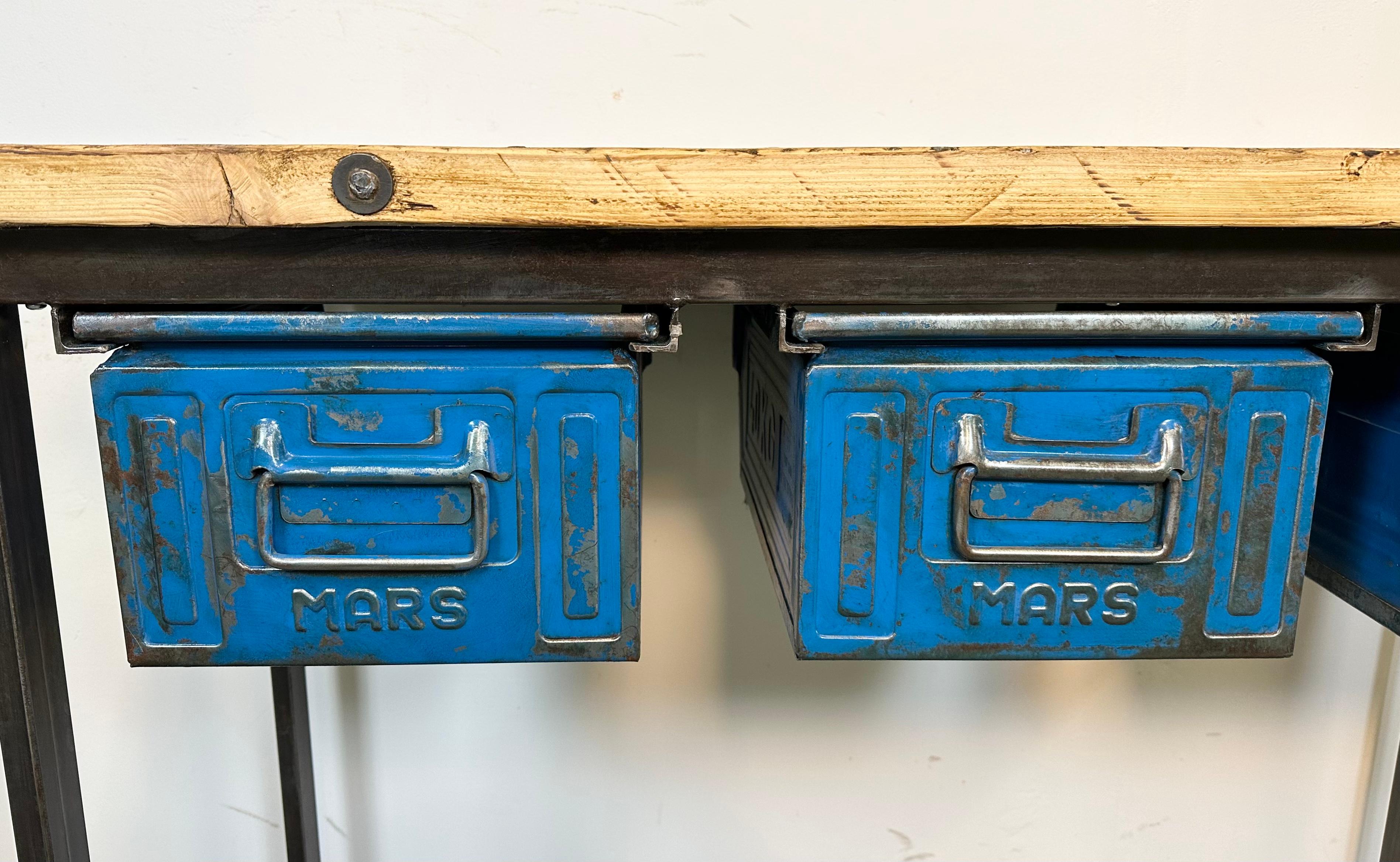 Industrial Worktable with Three Iron Drawers, 1960s For Sale at 1stDibs
