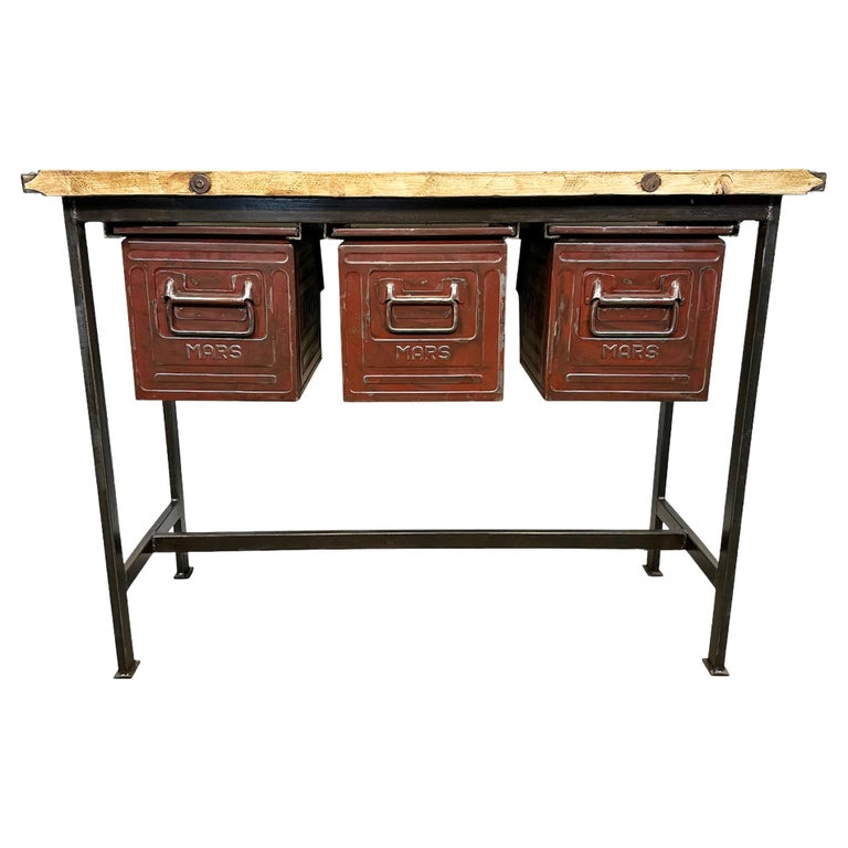 Industrial Worktable with Three Iron Drawers, 1960s For Sale at 1stDibs