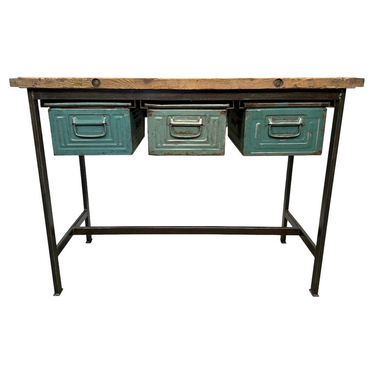 Industrial Worktable with Three Iron Drawers, 1960s For Sale at 1stDibs