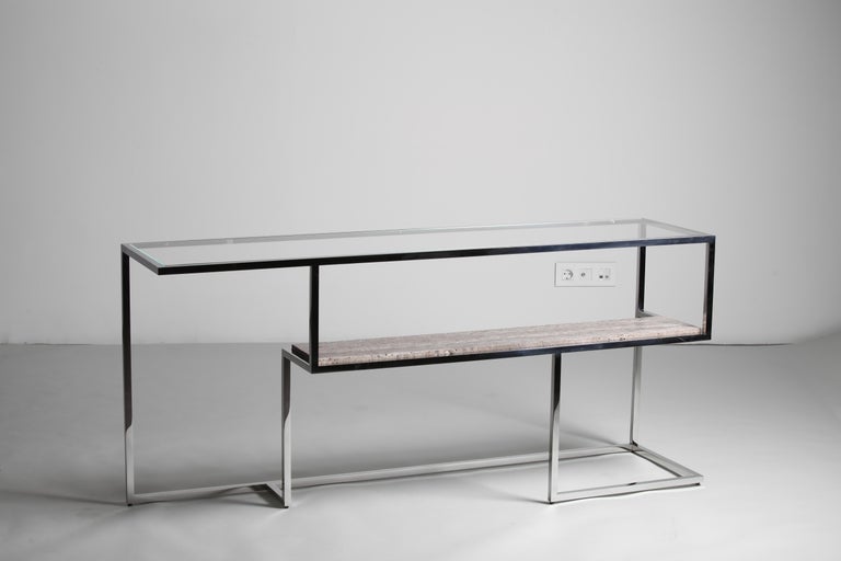Infinity, Console in Hand Polished Stainless Steel and Travertino ...