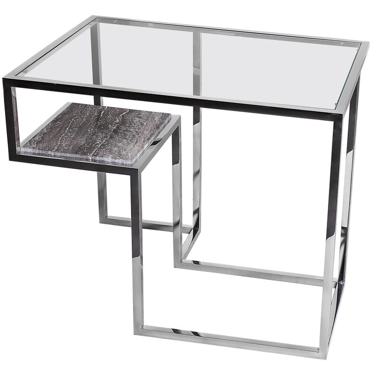 Infinity, Side Table in Hand Polished Stainless Steel and Travertine ...