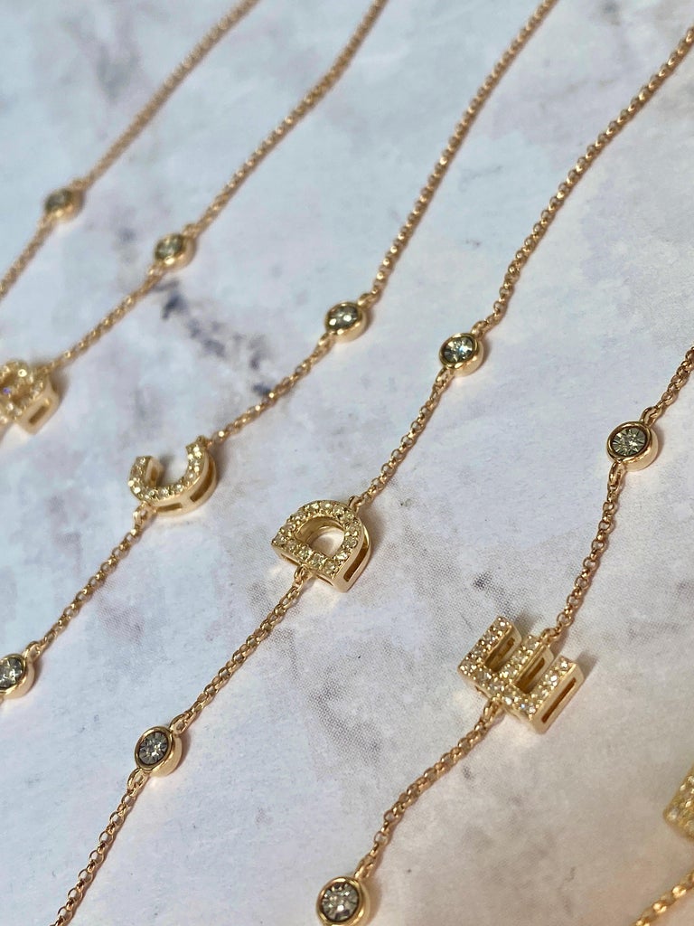 Initial Diamond Bracelet Collection in 14k Solid Yellow Gold, Dainty ...