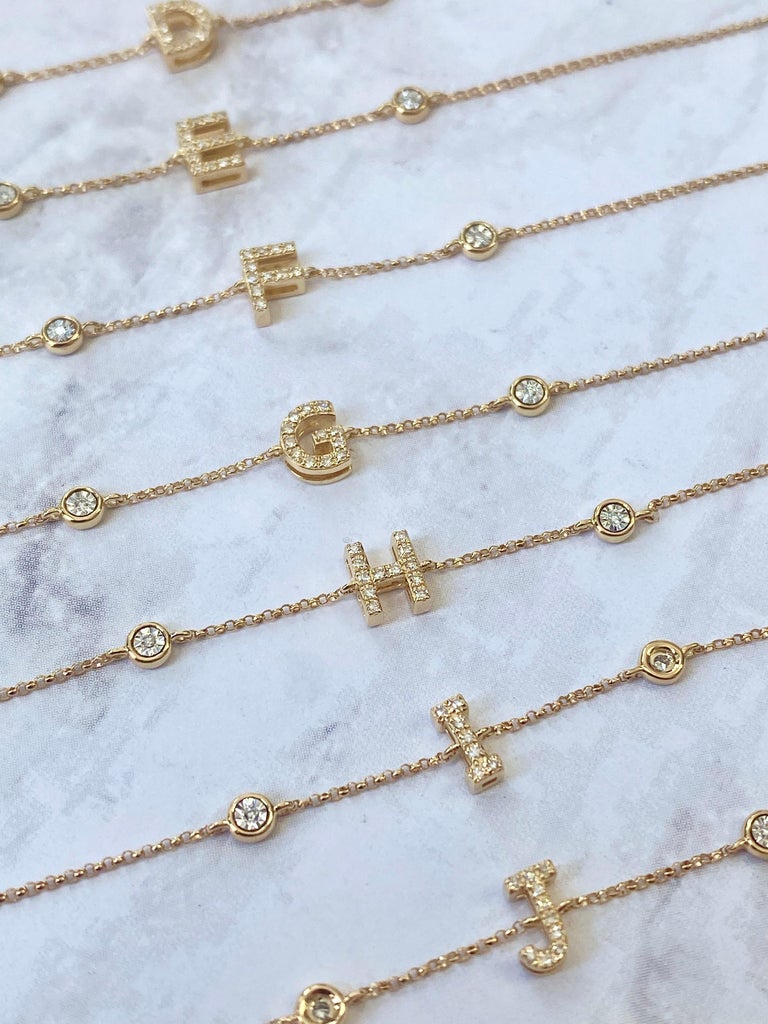 Initial Diamond Bracelet Collection in 14k Solid Yellow Gold, Dainty ...