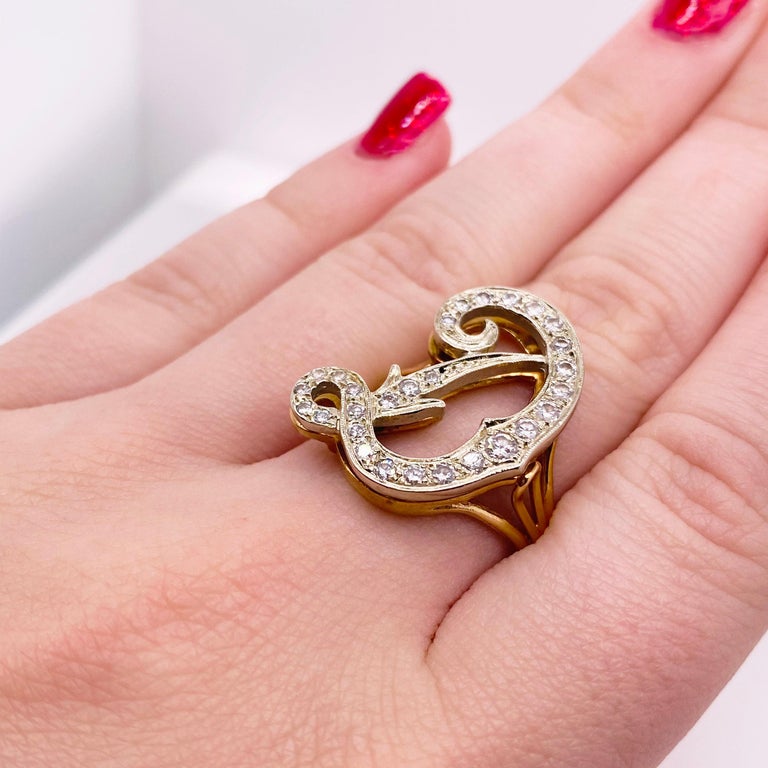 Initial Diamond Ring, Letter D Ring, White and Yellow Gold, Diva Ring ...