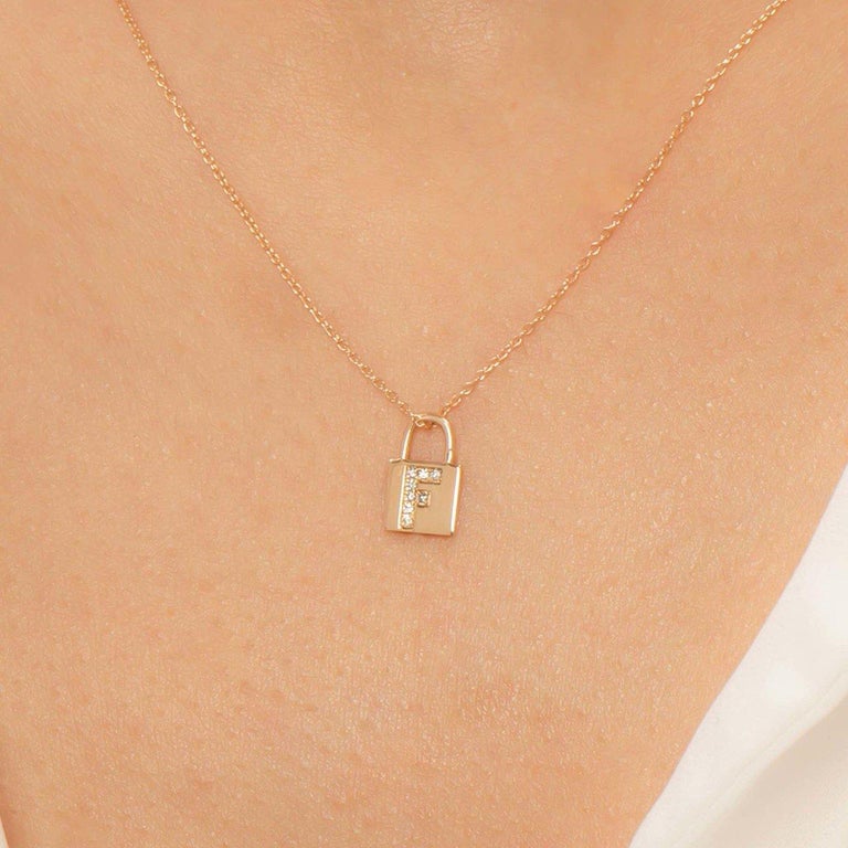 Initial F Diamond Lock Charm Necklace 14K Rose Gold For Sale at 1stDibs